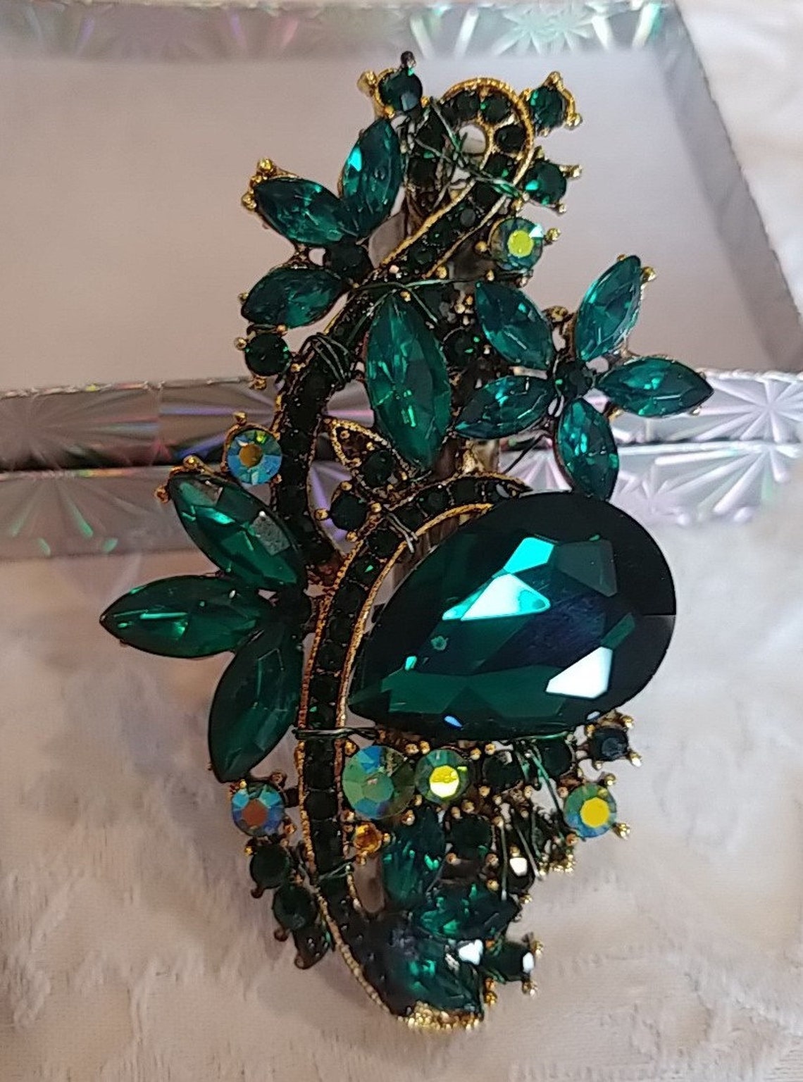 Emerald Green & AB Crystal Rhinestone CZ Gold Floral French Hair ...