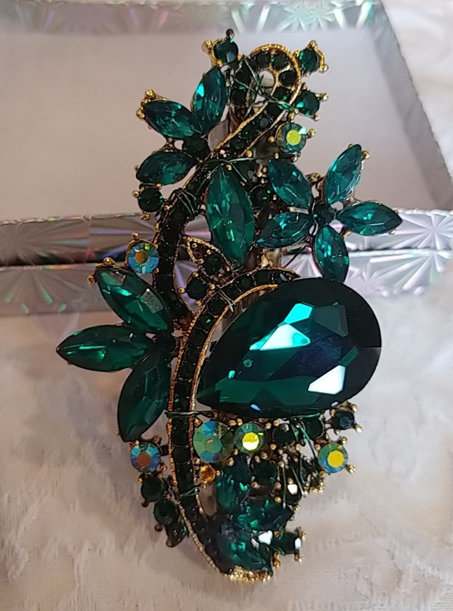 Emerald Green & AB Crystal Rhinestone CZ Gold Floral French Hair ...