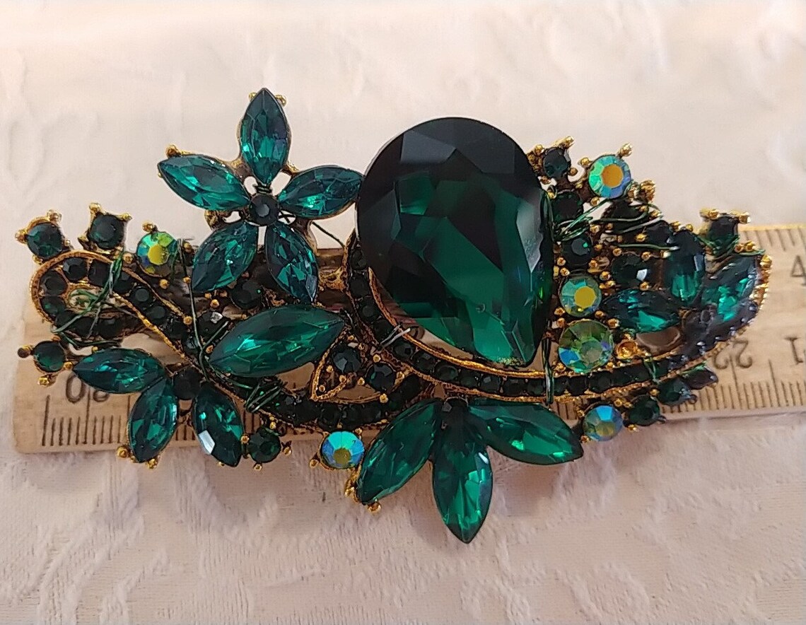 Emerald Green & AB Crystal Rhinestone CZ Gold Floral French Hair ...