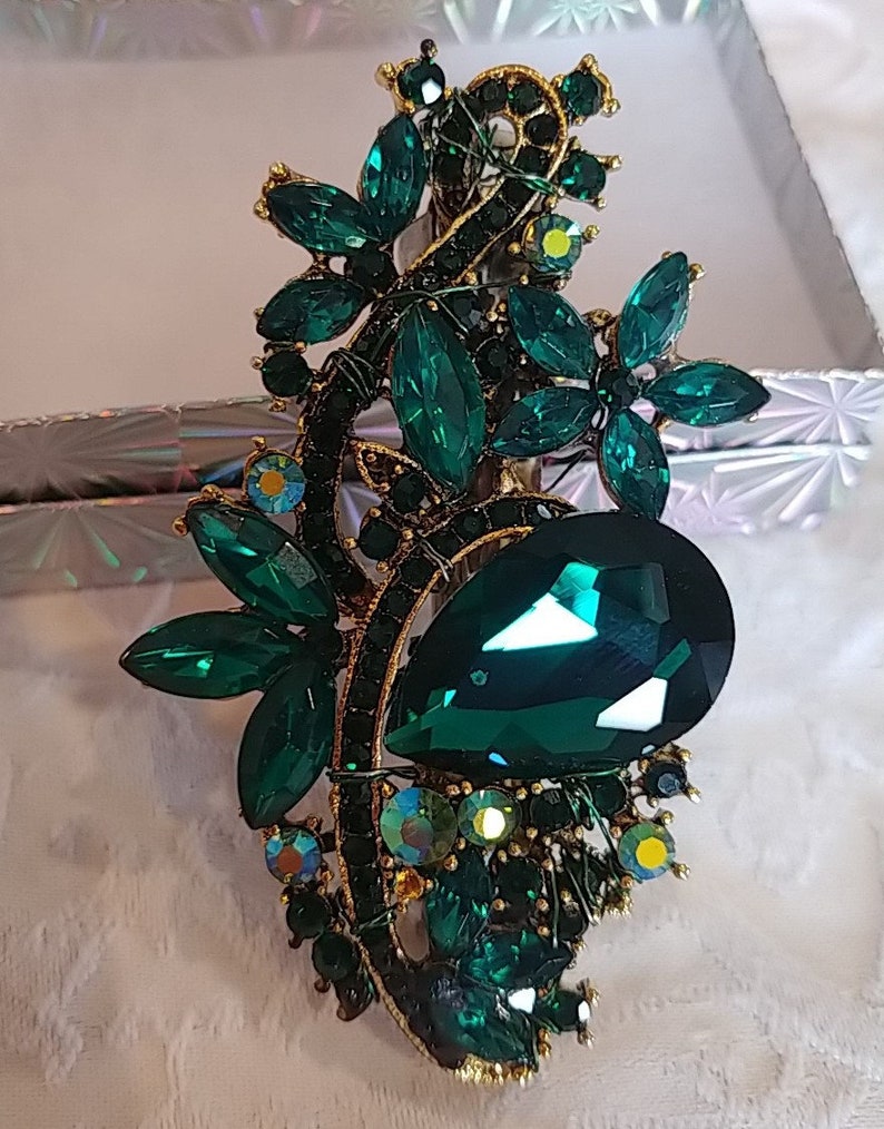 Emerald Green & AB Crystal Rhinestone CZ Gold Floral French Hair ...