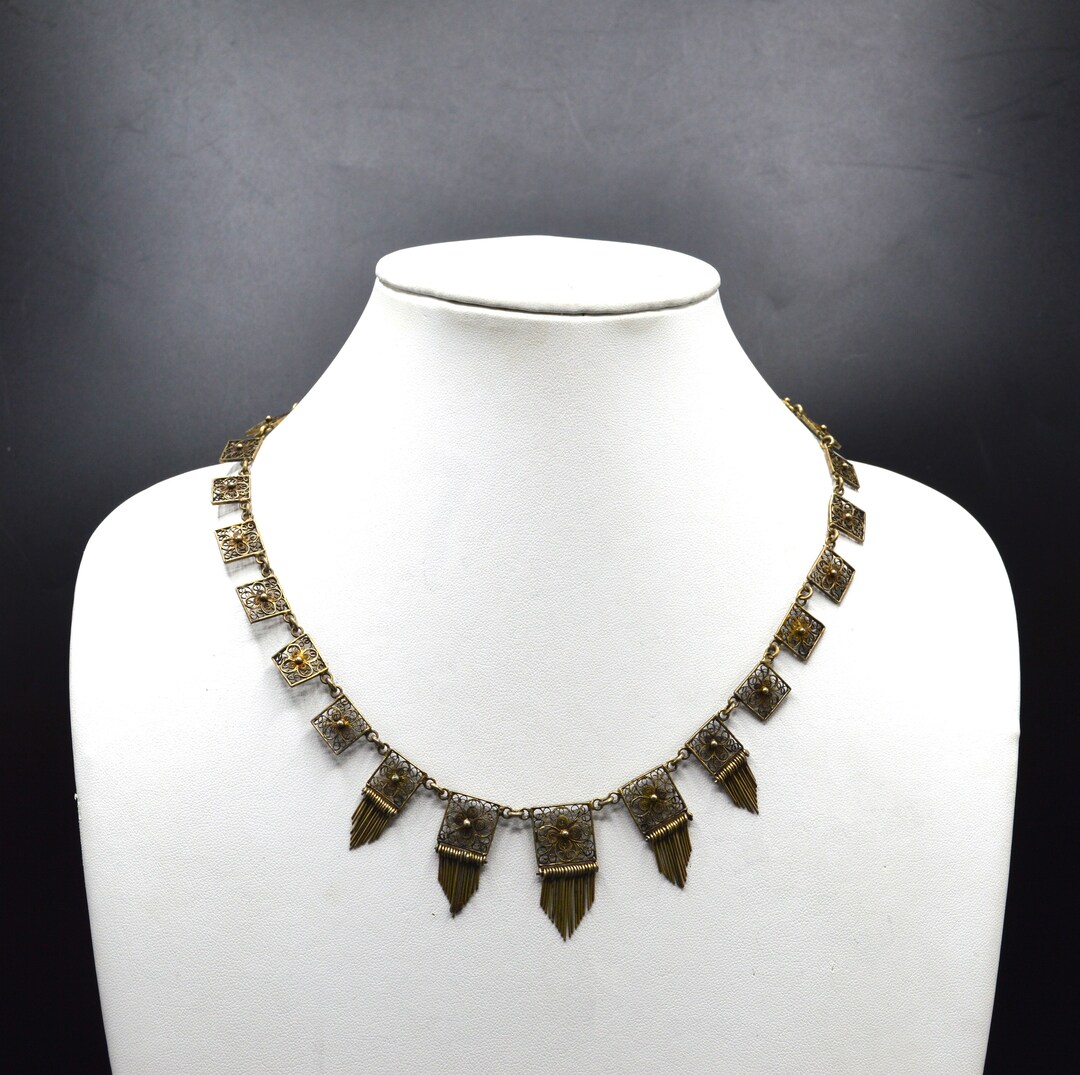 Vintage European Silver Filigree Gold Gilt Necklace V Shaped Fringe - Etsy