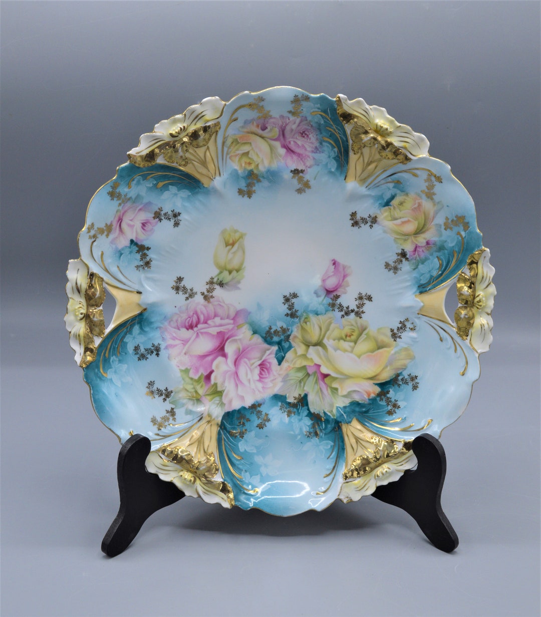 RS Prussia 10.5 Inch Lily Mold With Yellow and Pink Roses on Blue - Etsy
