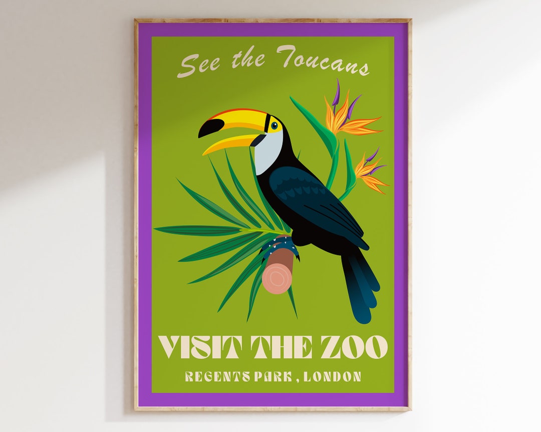 Retro Toucan Art Print, Mid Century Style Visit the Zoo Poster, Toucan ...