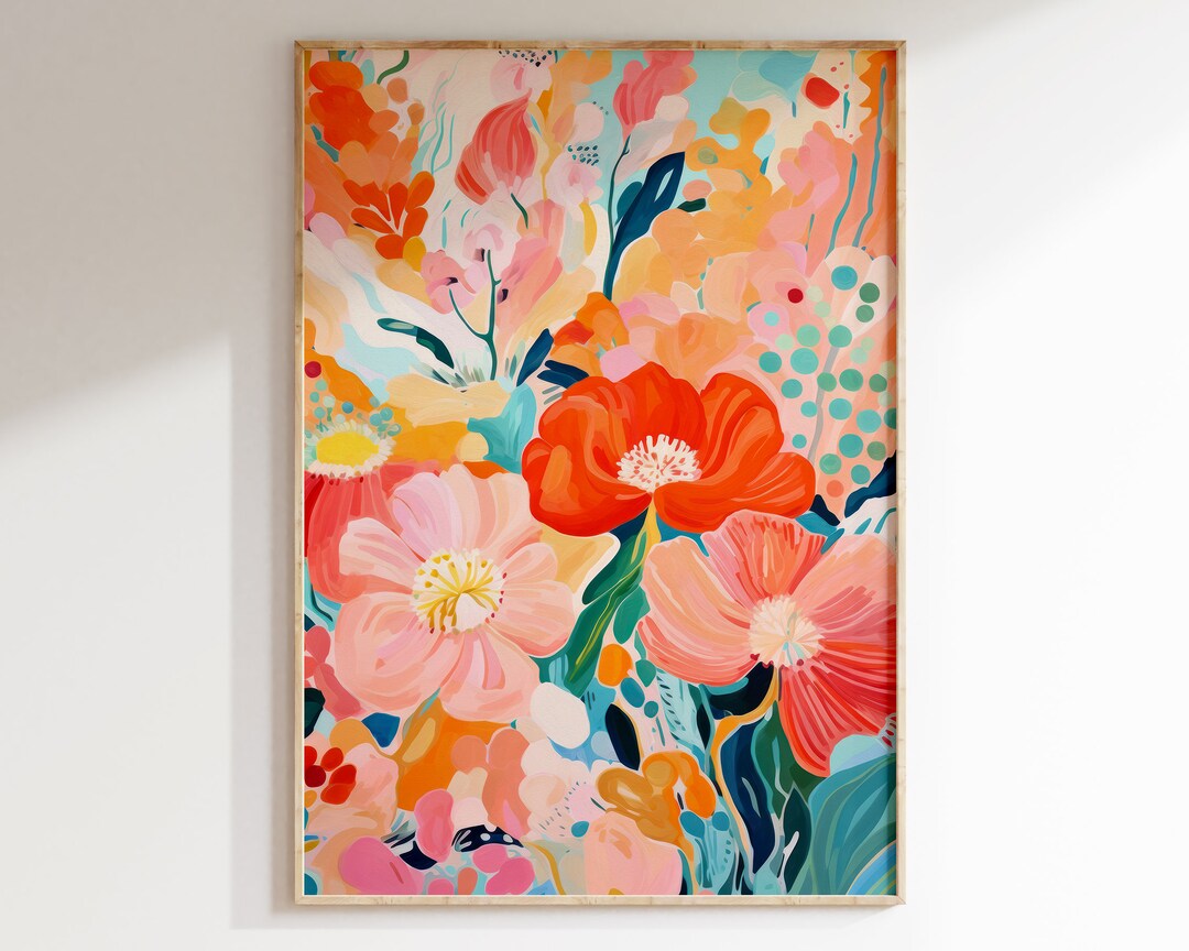 Abstract Botanical Art Print, Pastel Botanical Acrylic Painting, Maximalist Wall Art, Modern ...