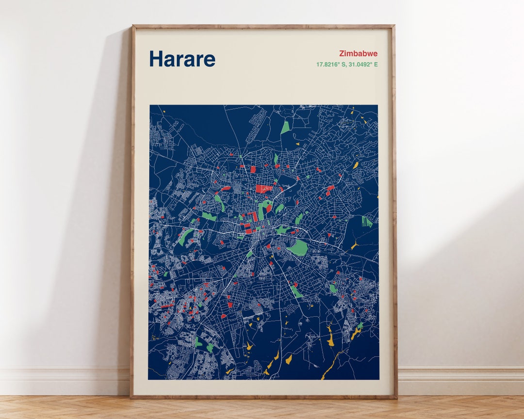 Harare Map Print, Harare Zimbabwe Map Poster, Harare Map Wall Art ...