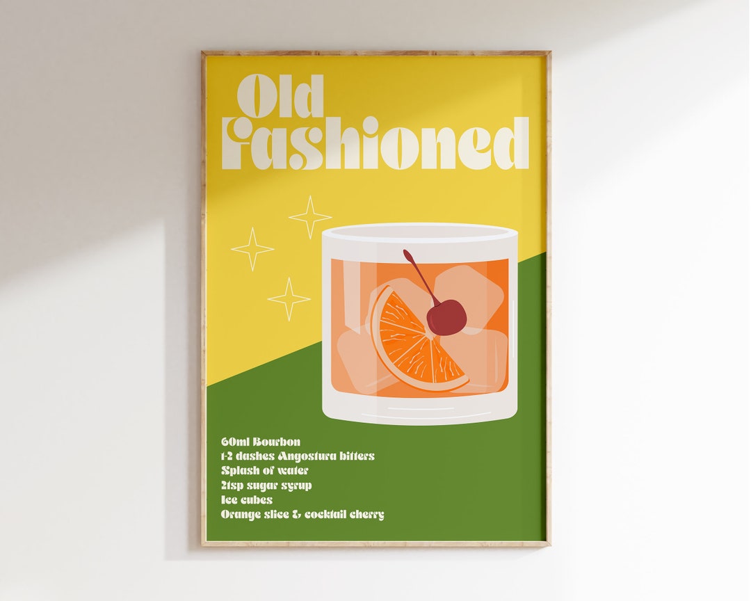 Old Fashioned Cocktail Poster, MORE COLOURS, Bar Cart Wall Art, Retro ...