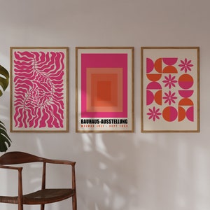 Set of 3 Pink Mid Century Modern Art Prints, Geometric Bauhaus Poster ...