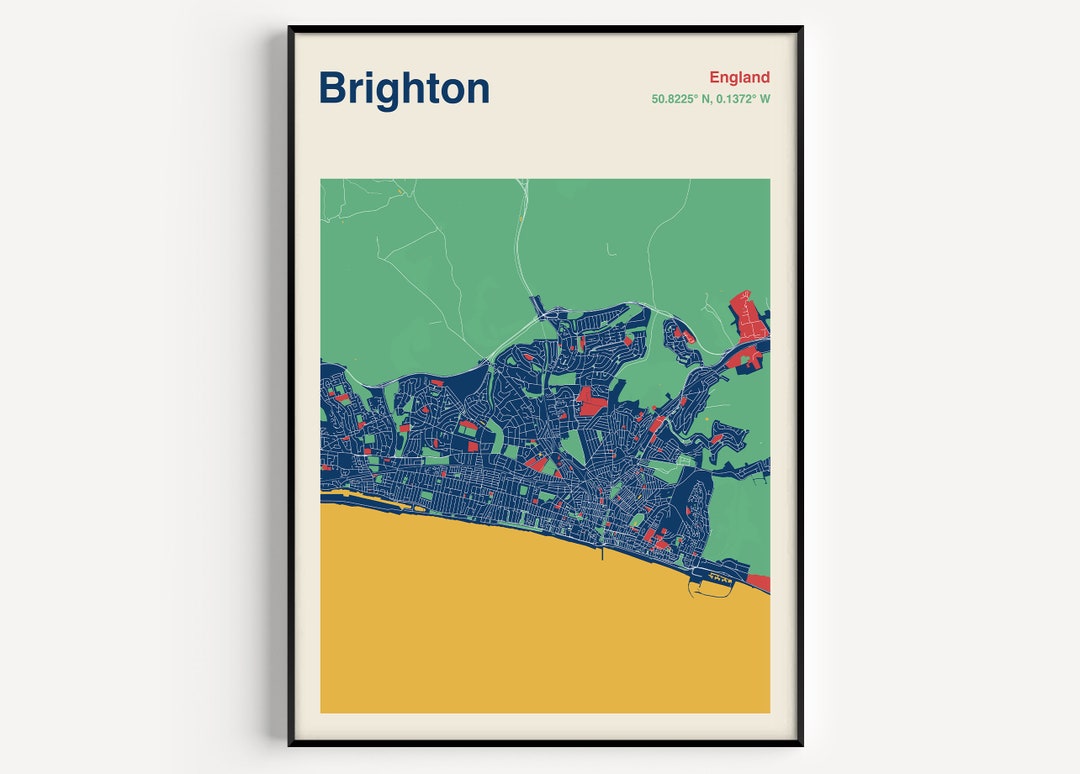 Brighton Map Print, Colour Brighton Map Poster, Brighton & Hove Map ...