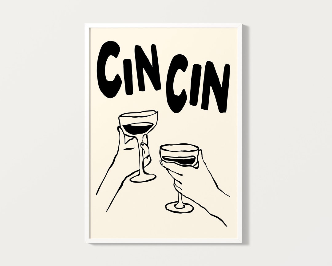 Retro Cin Cin Print, MORE COLOURS, Hand Drawn Wine Art Print, Mid ...