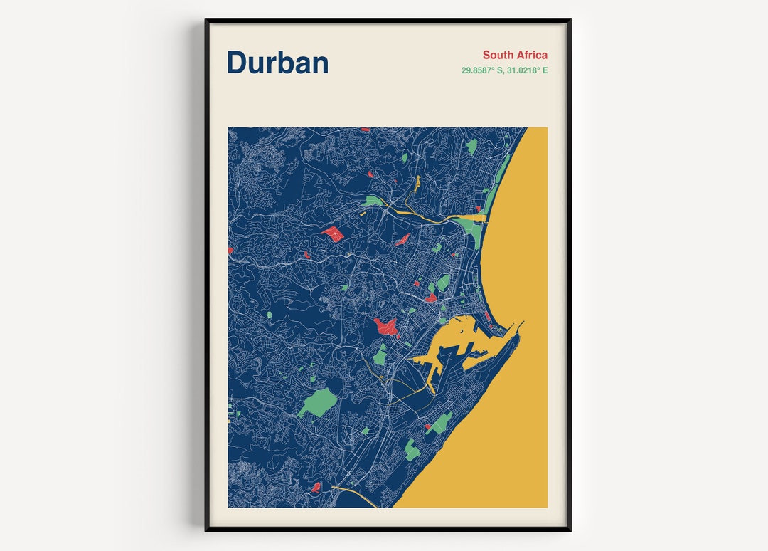 Durban Map Print, Durban Map Poster, Colour Durban Map Wall Art, Custom ...