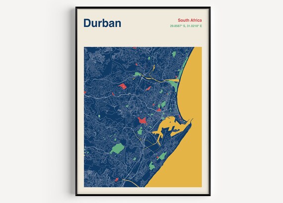 Durban Map Print Durban Map Poster Colour Durban Map Wall | Etsy