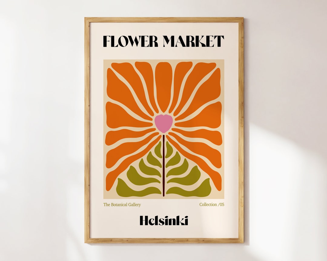 Helsinki Flower Market Poster, Retro Flower Market Wall Art, Boho 70's ...