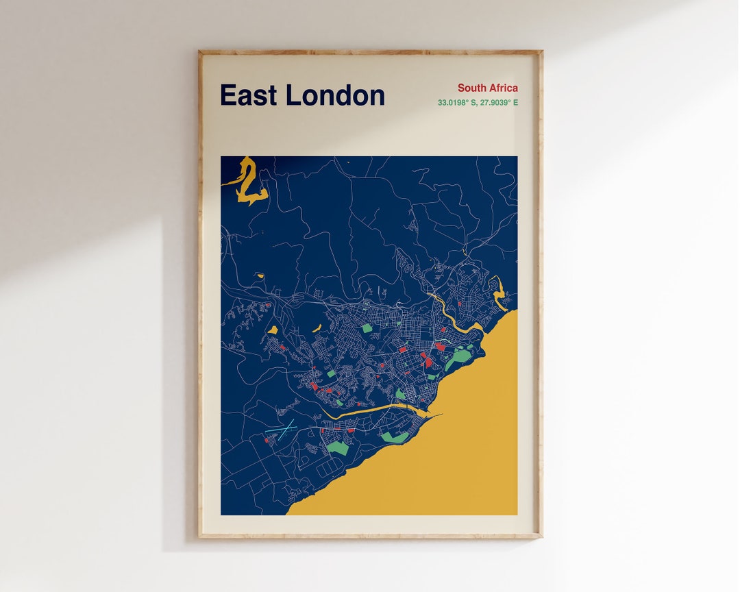 East London South Africa Map Print, City Map Print, Colour Map of East ...