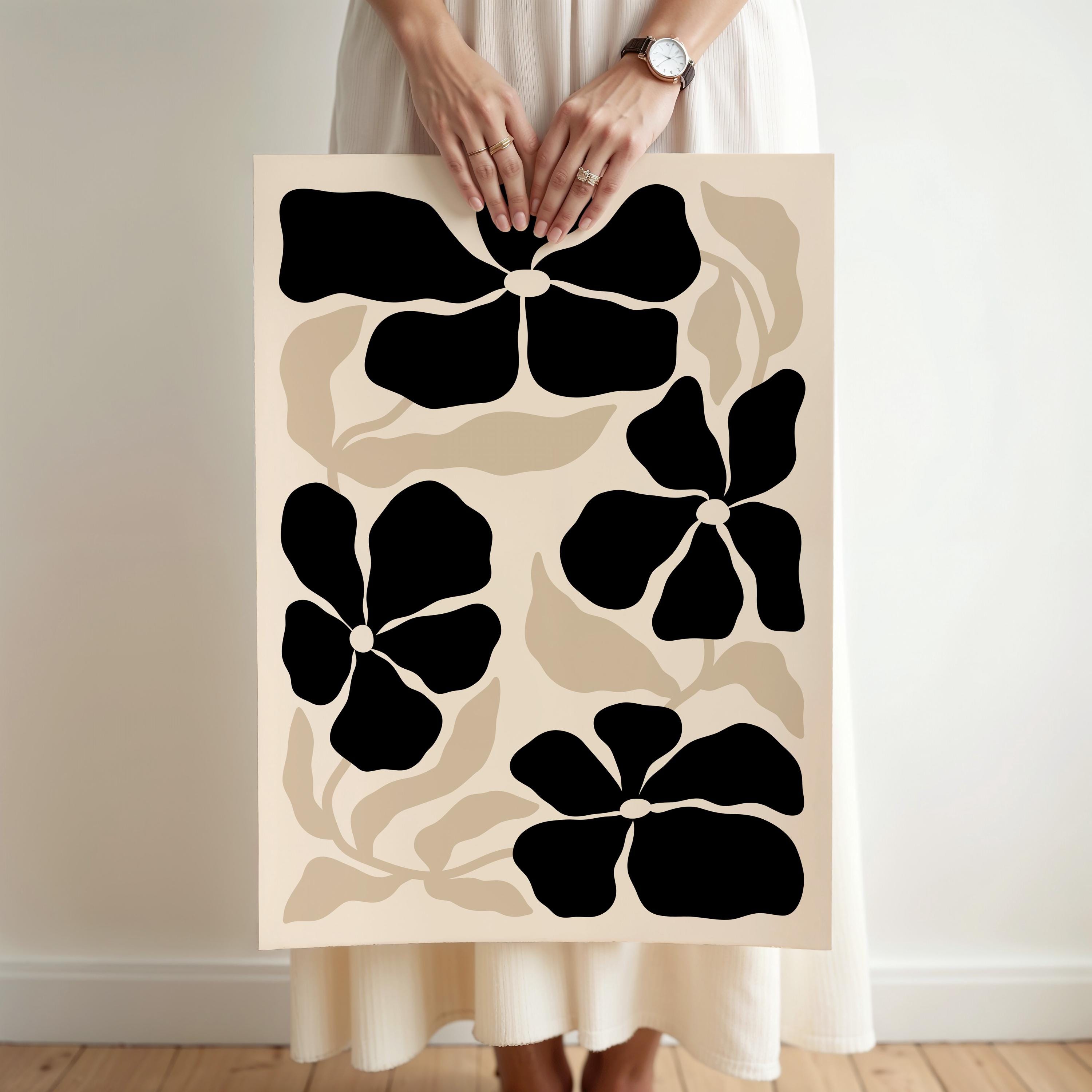 Black and Beige Abstract Flower Print: Boho Botanical Wall Art (digital ...