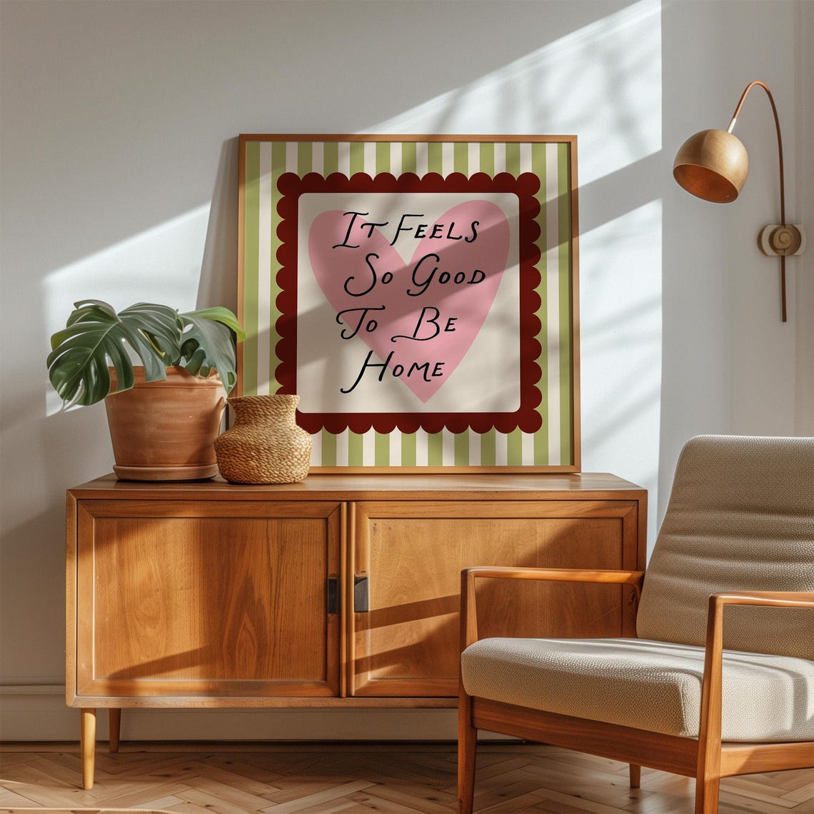 Cozy Home Quote Print: Retro Pink Heart, Olive Green Stripes - Etsy