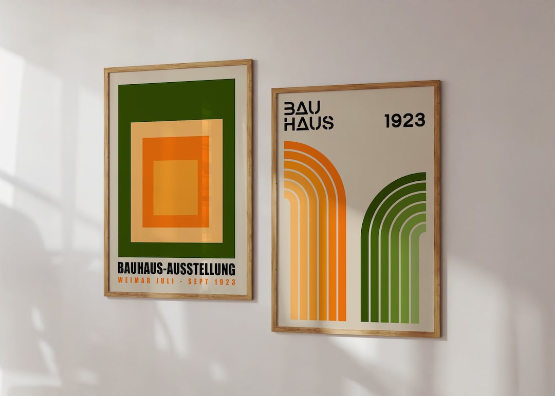 Geometric Bauhaus Print Set, Green Orange Bauhaus Wall Art, Mid Century ...