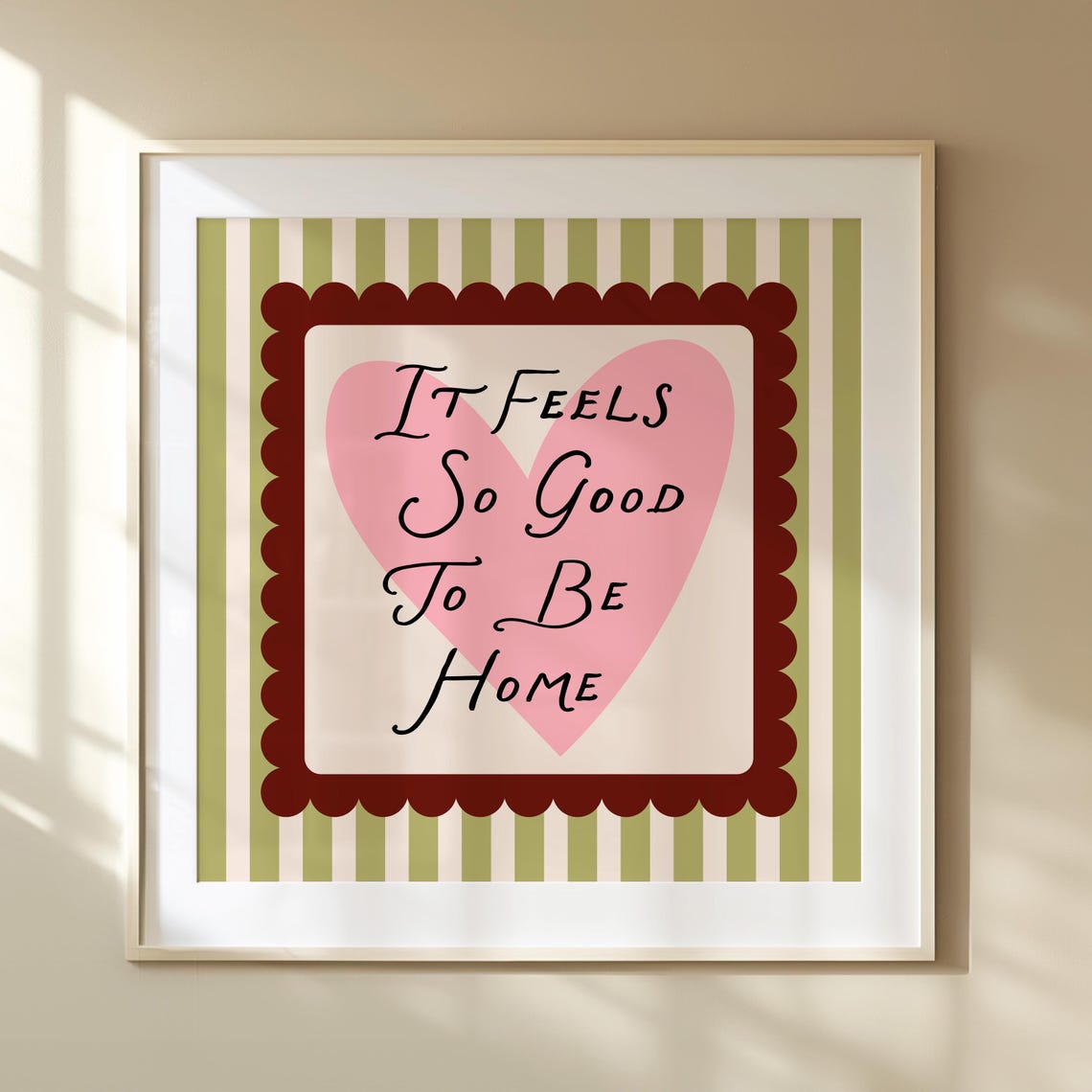 Cozy Home Quote Print: Retro Pink Heart, Olive Green Stripes - Etsy