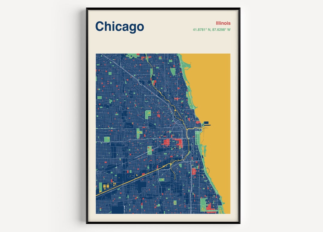 Chicago Map Print, Colour Chicago Map Poster, Chicago Map Wall Art ...