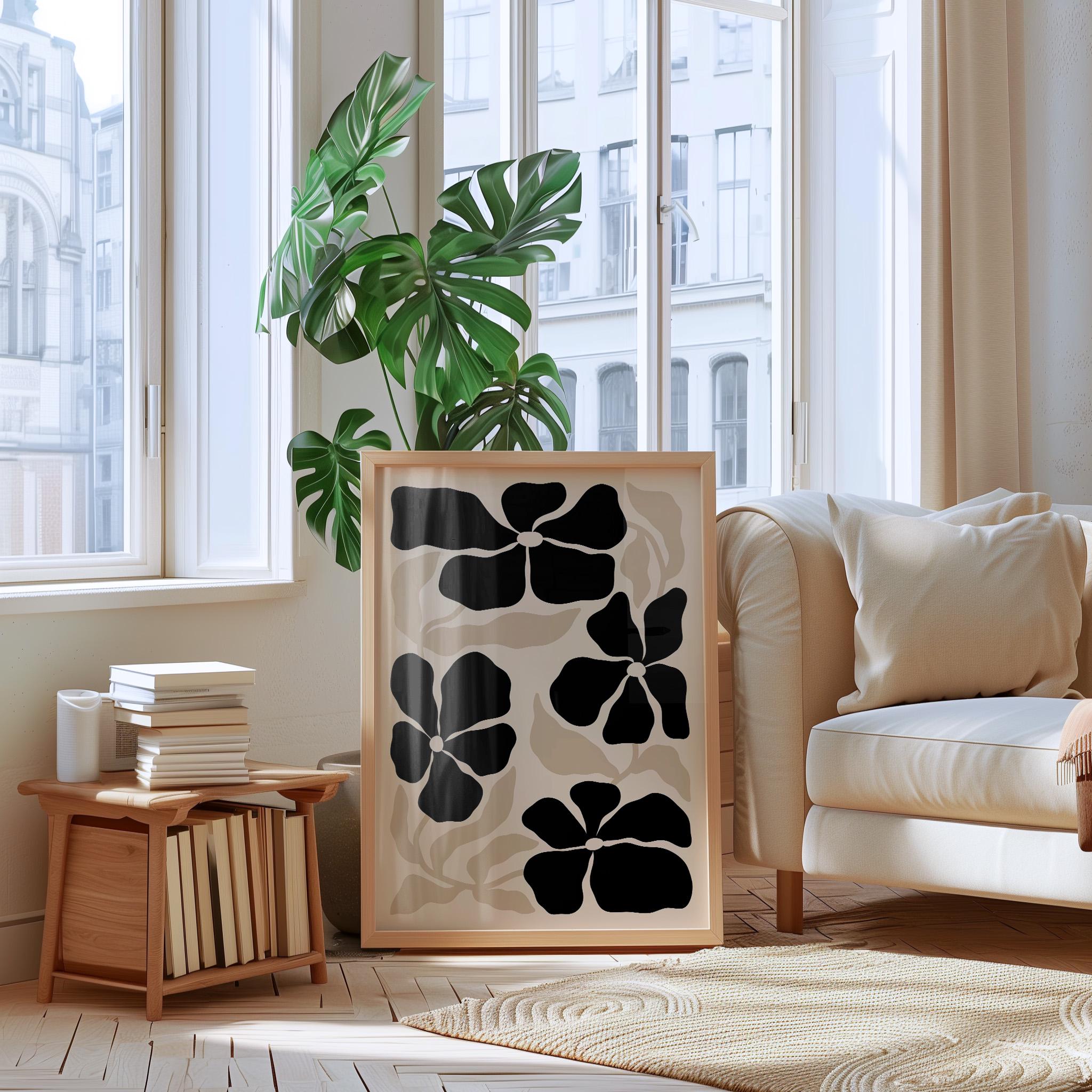 Black and Beige Abstract Flower Print: Boho Botanical Wall Art (digital ...