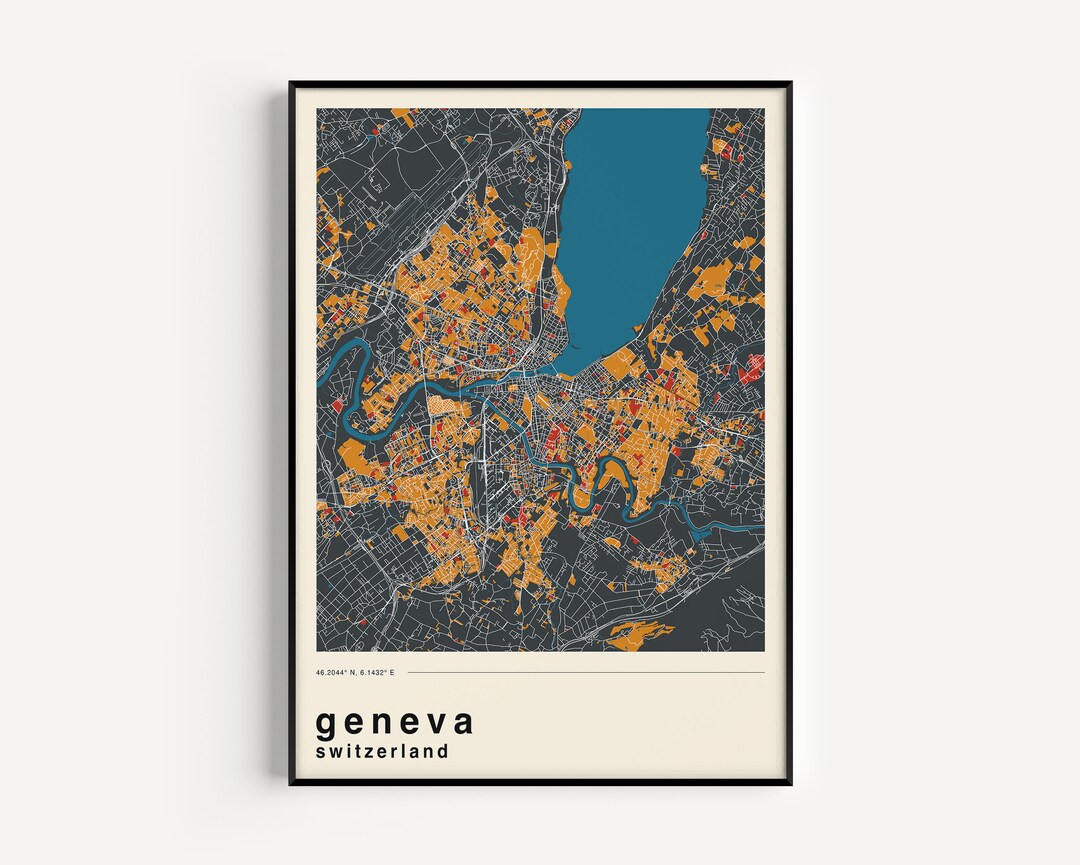 Geneva City Map Art Print, Map of Geneva, Switzerland, Colourful Geneva ...