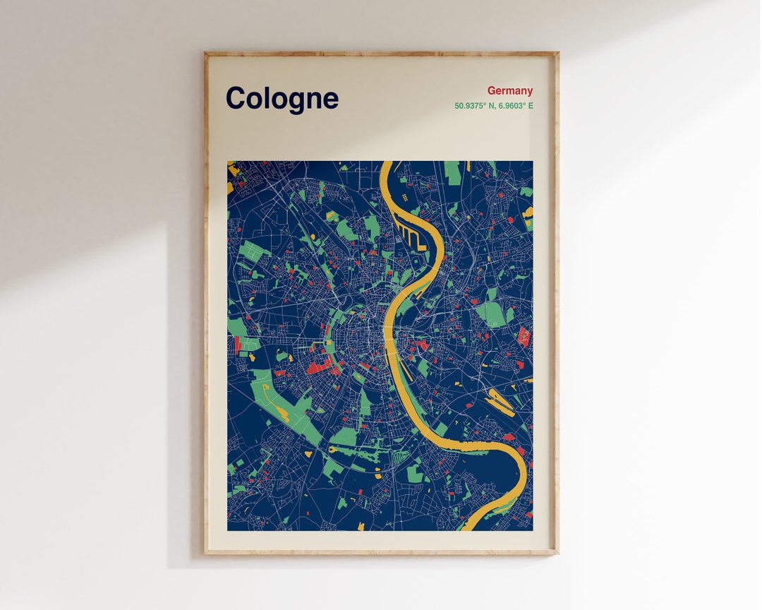Cologne Map Print, Cologne Germany Map Poster, Colour Cologne Map Wall ...