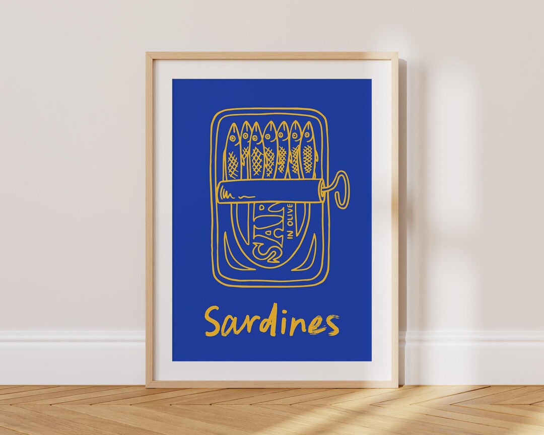 Retro Sardines Poster, MORE COLOURS, Mid Century Kitchen Poster, Hand ...
