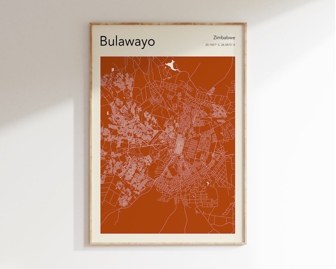 Choice of 8 Colours, BULAWAYO City Map Print, Bulawayo Zimbabwe Map ...