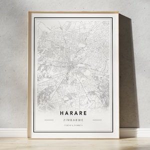 Harare Map Print, Harare Zimbabwe Map Poster, Harare Map Wall Art ...