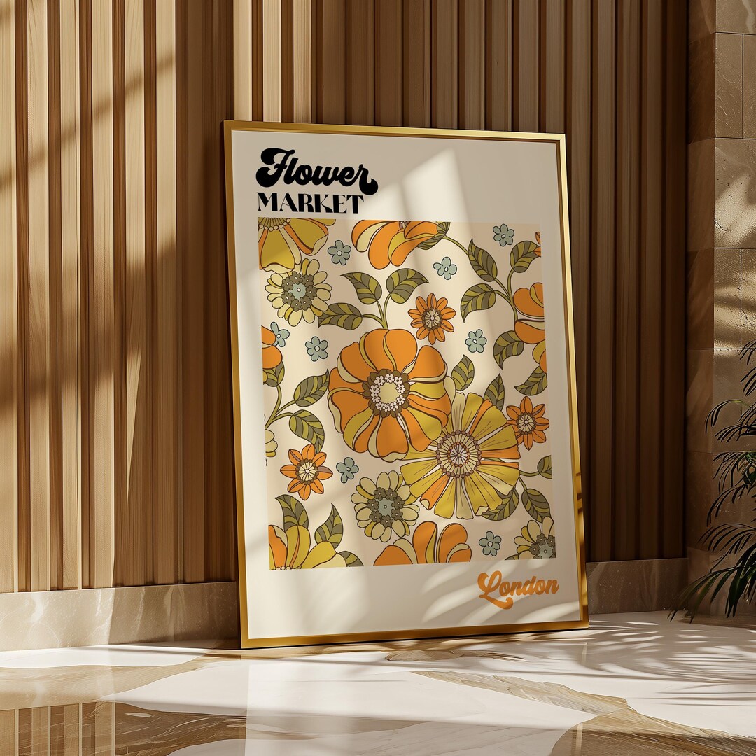 Retro London Flower Market DOWNLOAD Print, Retro Yellow Floral Print ...