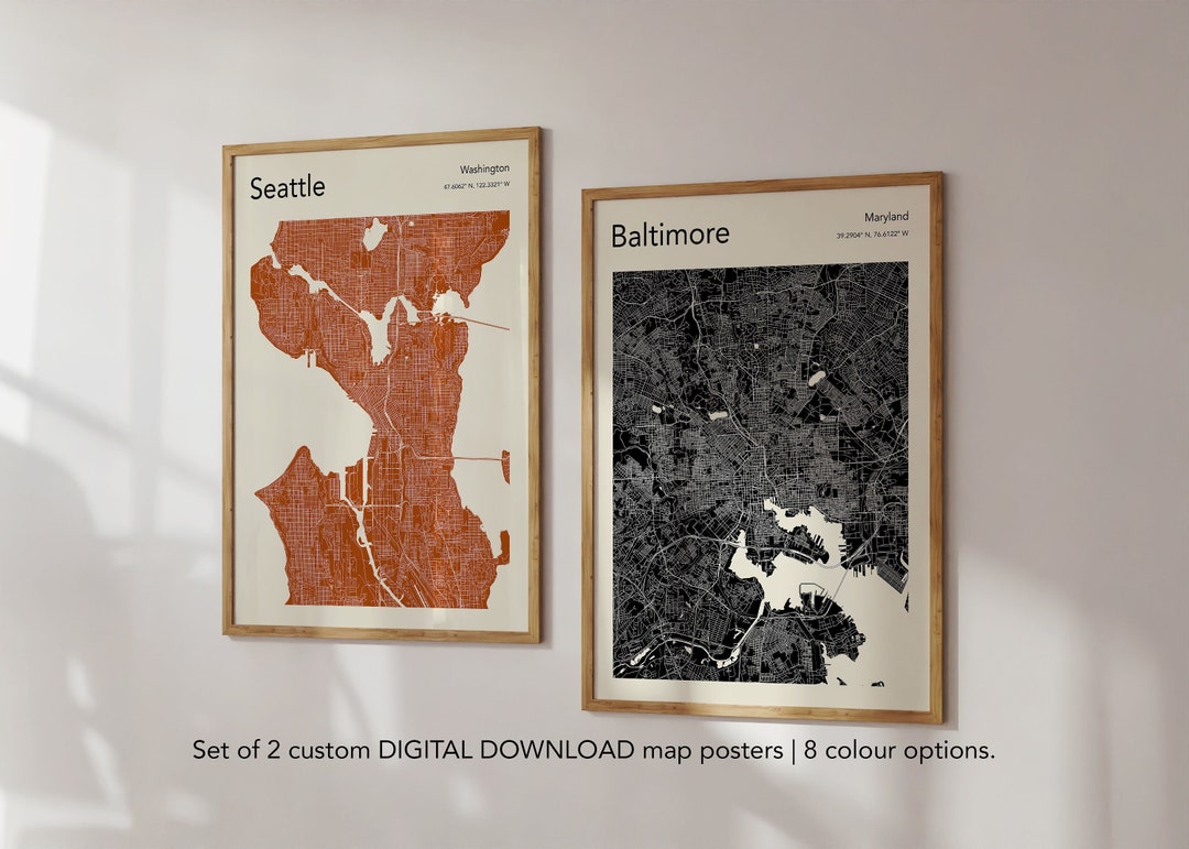 Set of 2 Custom Colour Map Posters, DIGITAL DOWNLOAD Maps, Modern Map ...