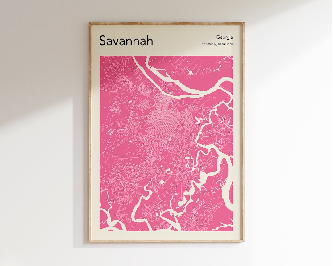 Savannah GA Map Print, MORE COLOURS, Pink Pastel Savannah Map Wall Art ...