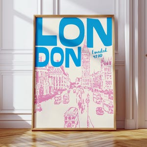 Retro London Travel Poster: Mid-century Pink Wall Art - Etsy