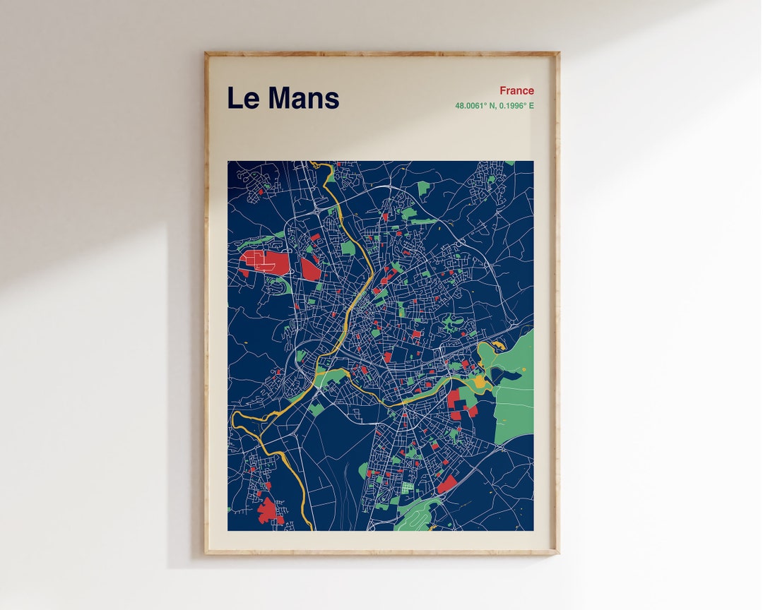 Le Mans Map Print, Le Mans France Map Poster, Colour Le Mans Map Wall Art, Map of Le Mans ...