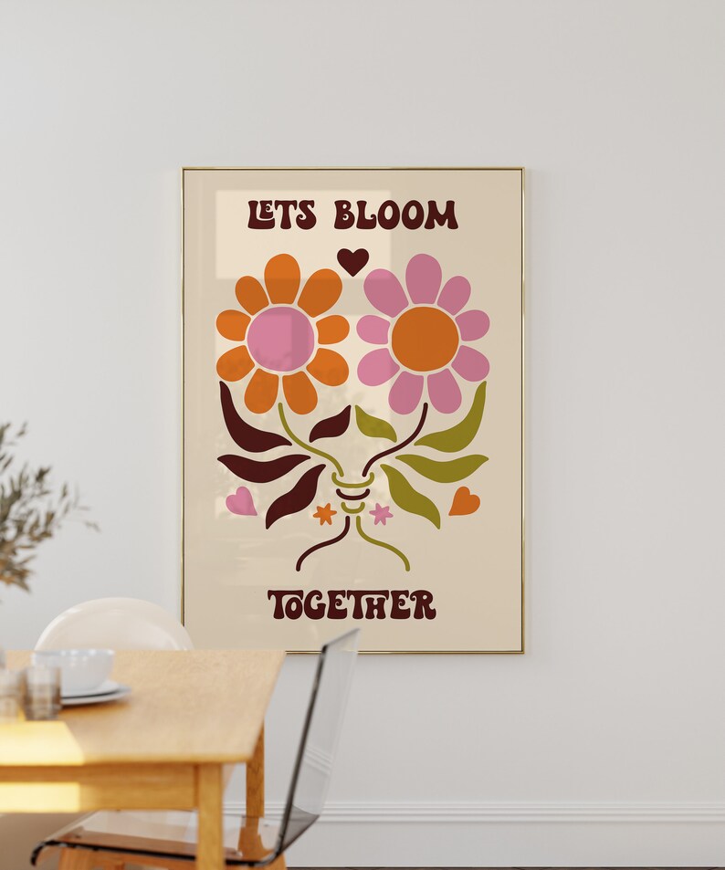 Retro Flower Poster Let's Bloom Together 1970s Retro Art - Etsy