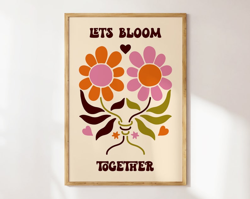 Retro Flower Poster Let's Bloom Together 1970s Retro Art - Etsy