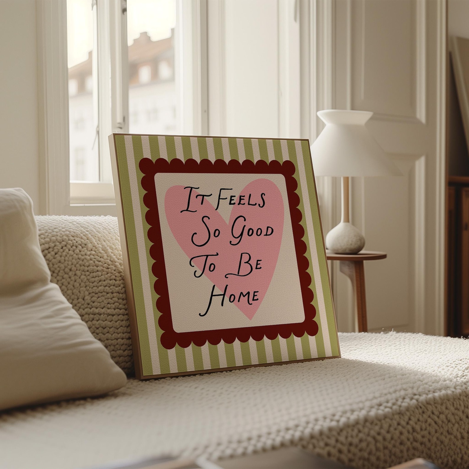 Cozy Home Quote Print: Retro Pink Heart, Olive Green Stripes - Etsy