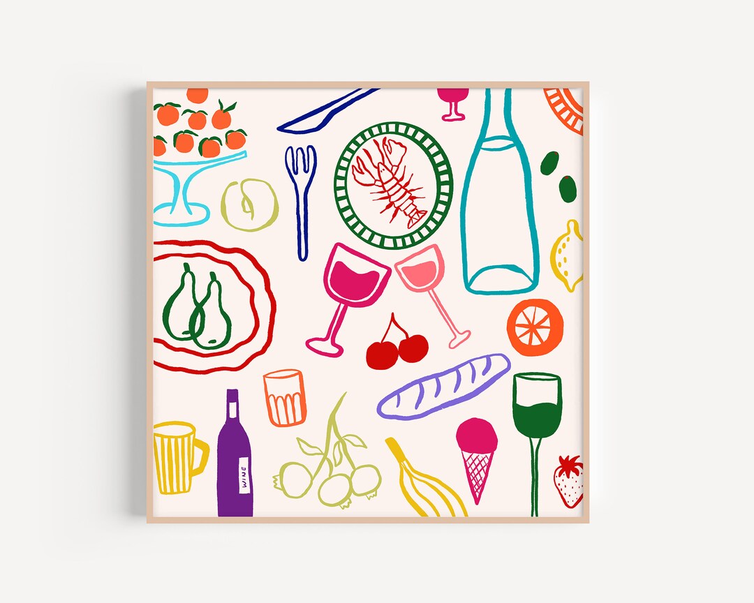 Hand Drawn Food and Drink Print, MORE COLOURS, Mid Century Kitchen ...