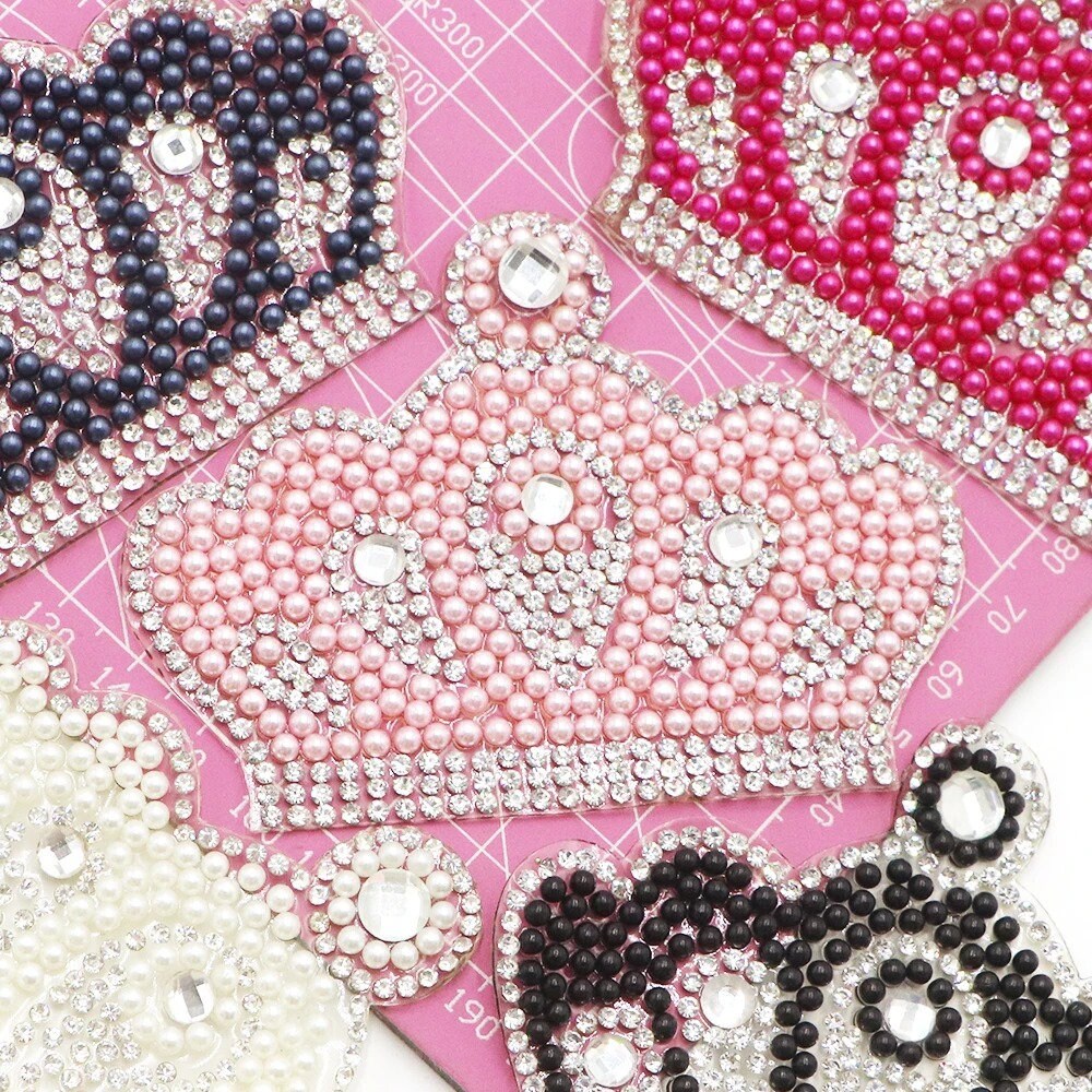 Rhinestone King Queen Crown Patches Badge Royal Pearl Crown Rhinestone Patch Crown Beaded Patch ...