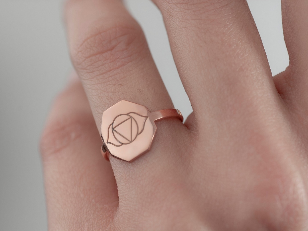 Octagon Chakra Ring in Sterling Silver, Chakra Symbols Ring, Engraved ...