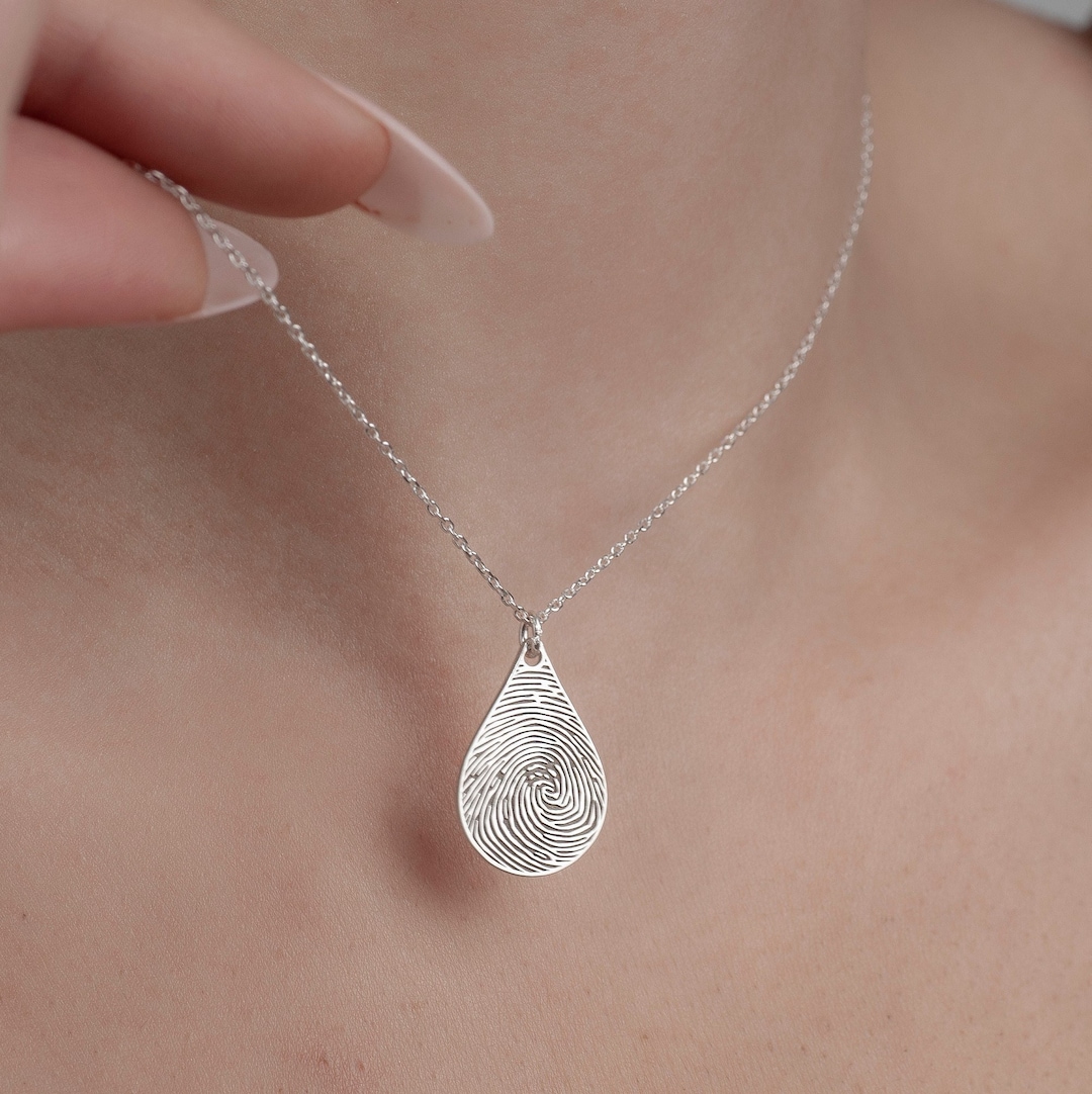 Tear Drop Fingerprint Necklace, Engraved Fingerprint Jewelry in ...