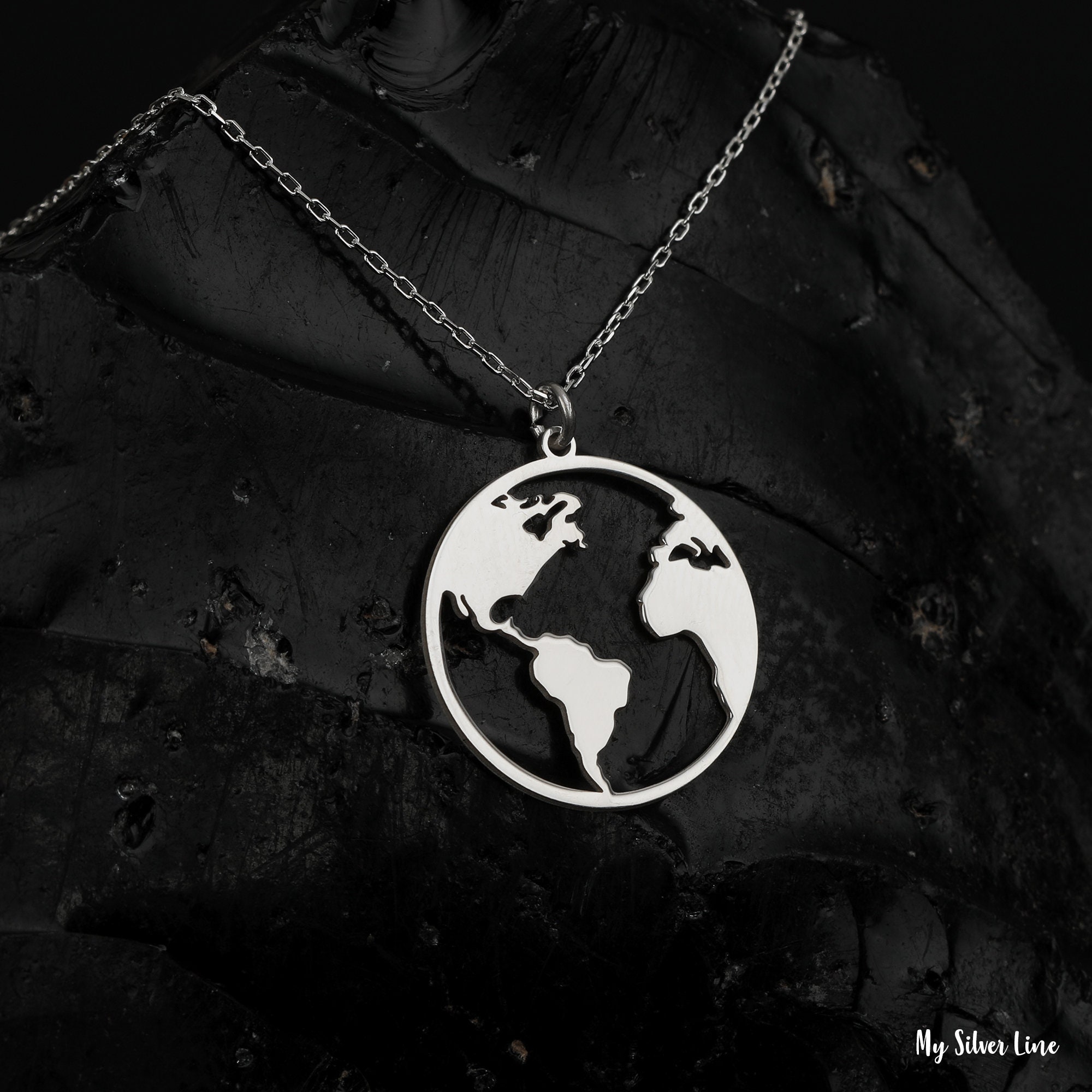 World Map Necklace in Sterling Silver World Map Pendant Gift | Etsy