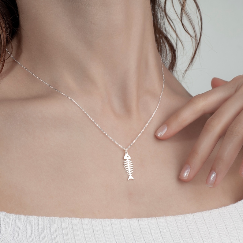 Sterling Silver Fishbone Necklace: Minimalist Fish Skeleton Pendant - Etsy
