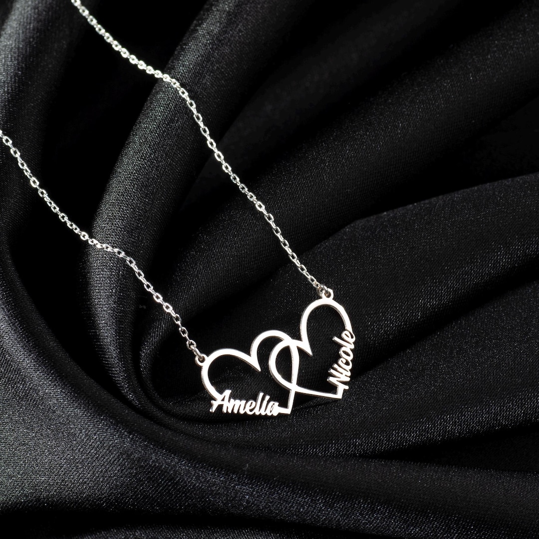 Custom Two Hearts Necklace, Sterling Silver Double Hearts Pendant ...
