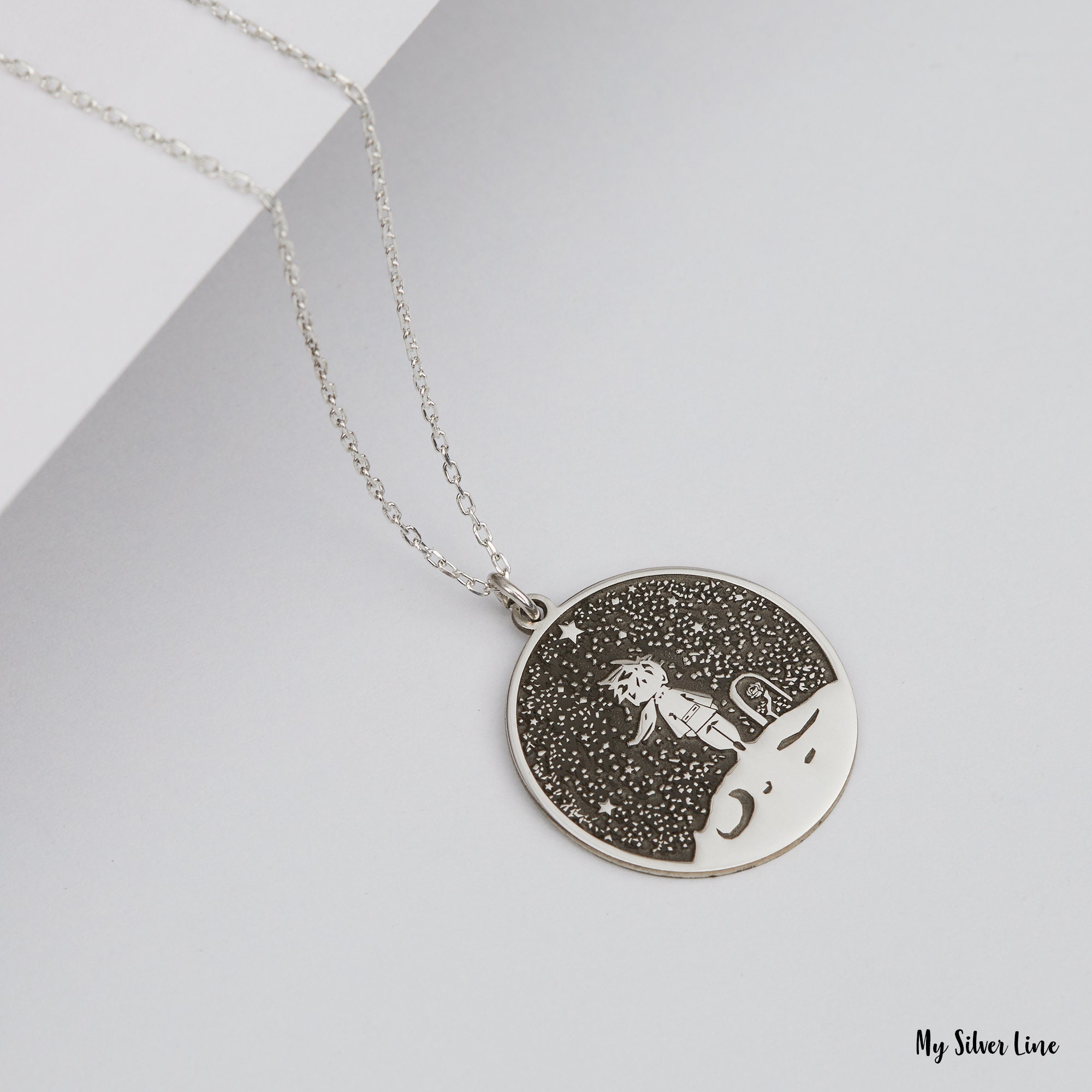 Sterling Silver Prince Necklace: Little Prince on the Moon Pendant - Etsy