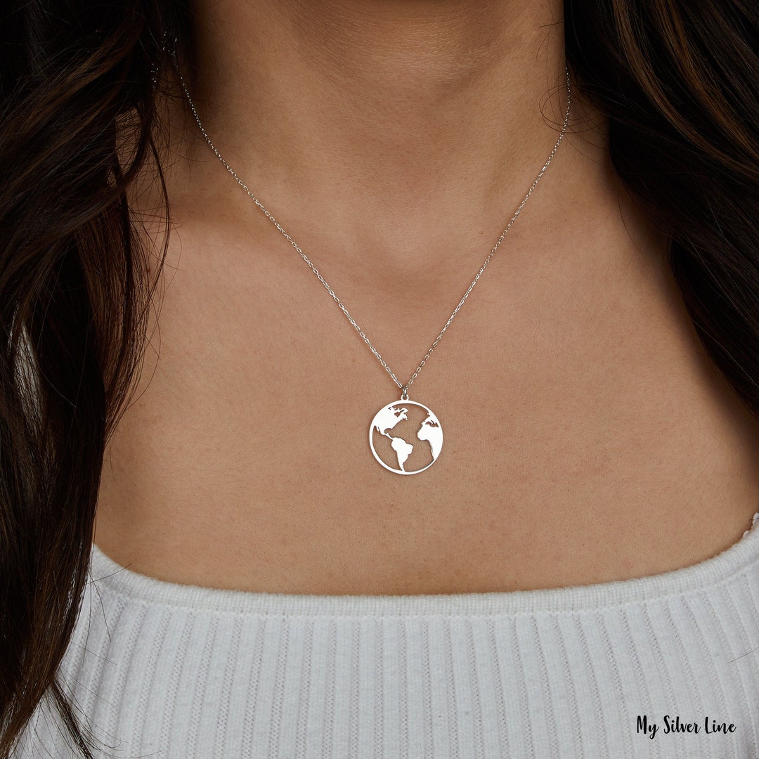 World Map Necklace in Sterling Silver, World Map Pendant, Gift for Her ...