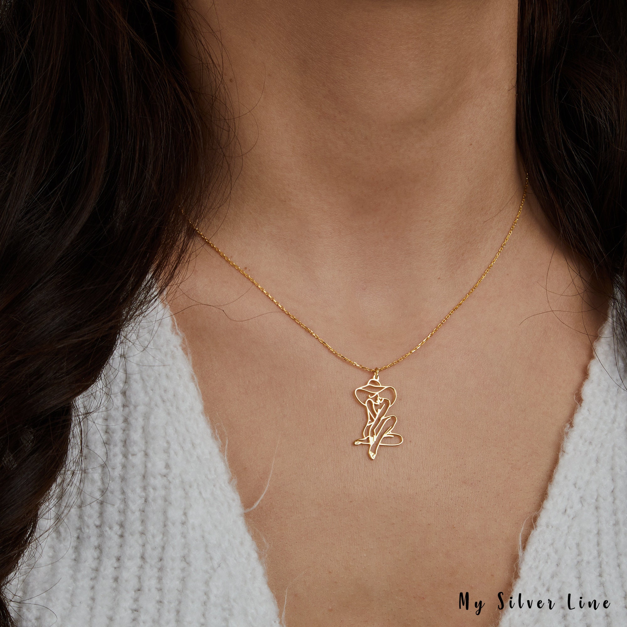 Female Line Art Necklace Sterling Silver Line Art Jewelry - Etsy