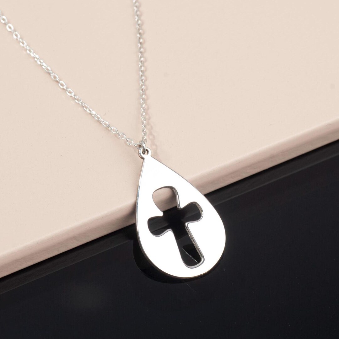 Tear Drop Cross Necklace, Sterling Silver Cross Jewelry in Tear Drop ...