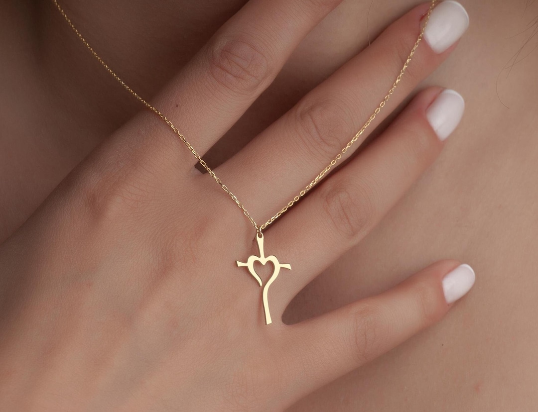 Cross Heart Necklace, Heart Shape Cross Charm, Minimalist Cross Pendant ...