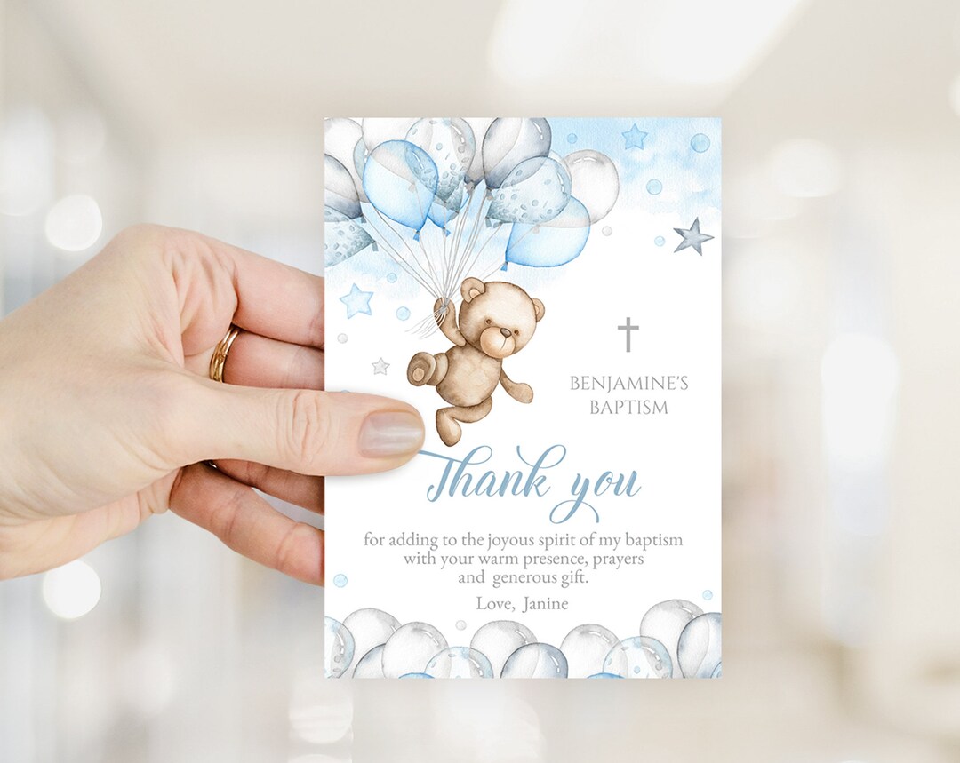 Editable Digital Baptism Thank You Card. Blue, Silver Teddy Bear, Air ...