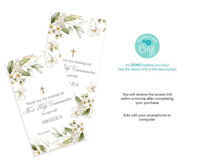 Editable 1st Holy Communion Thank You Tag. Green, White Flowers ...